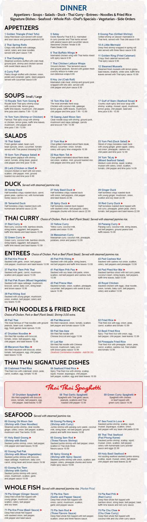 Thai Thai II menu in Bethlehem, Pennsylvania, USA