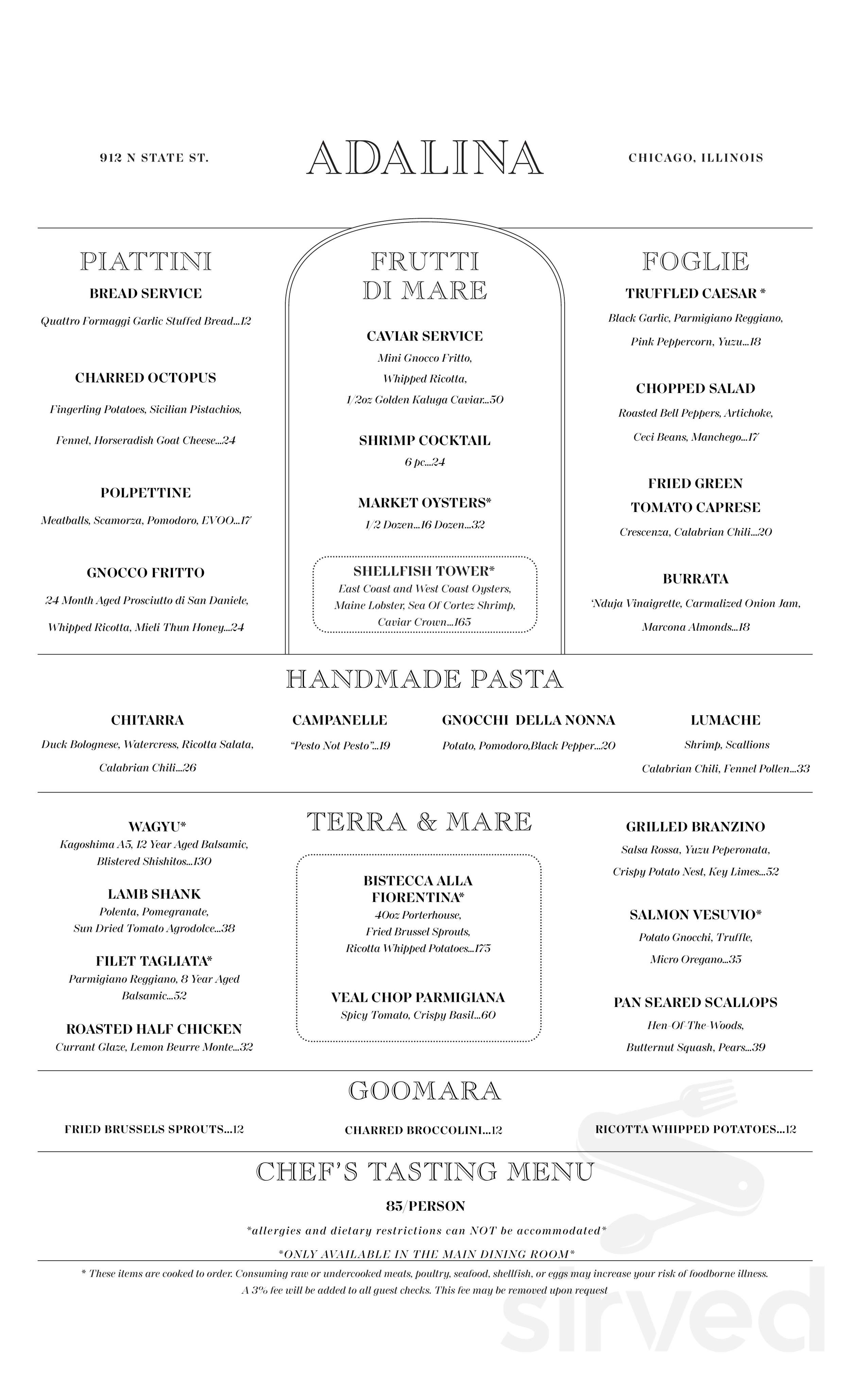 Adalina menu in Chicago, Illinois, USA