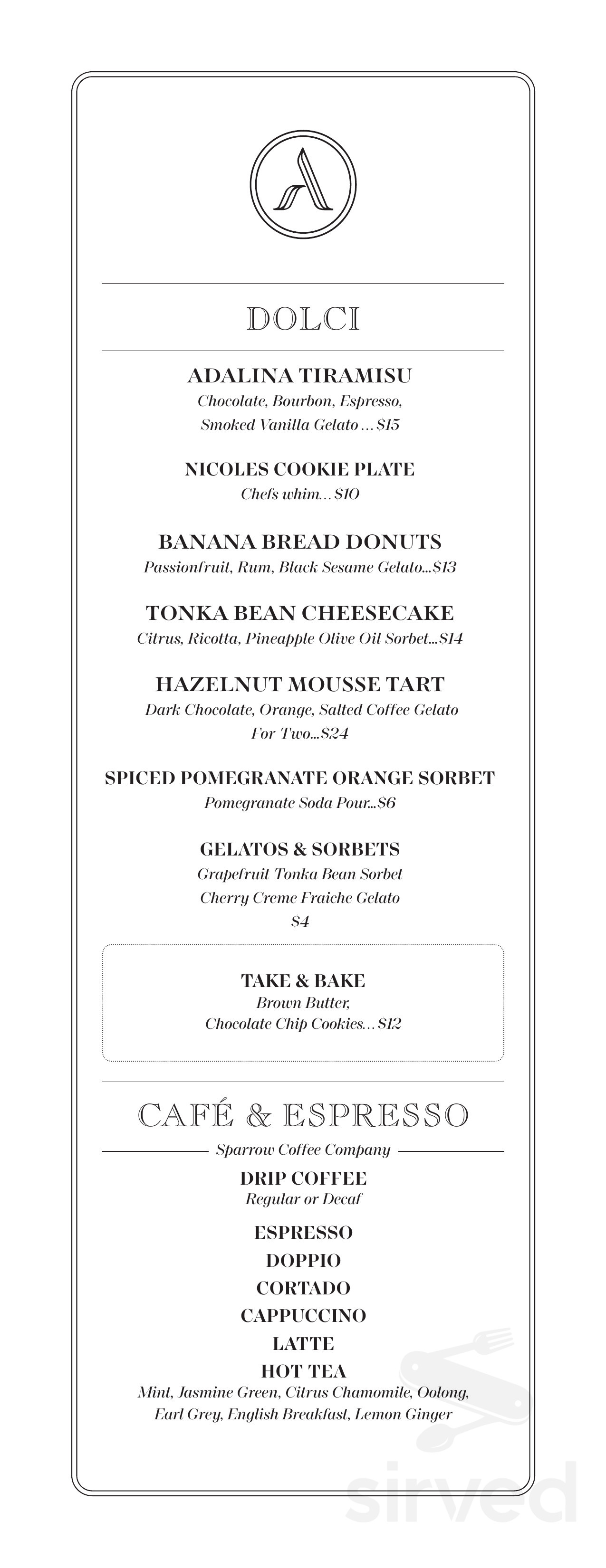Adalina menu in Chicago, Illinois, USA