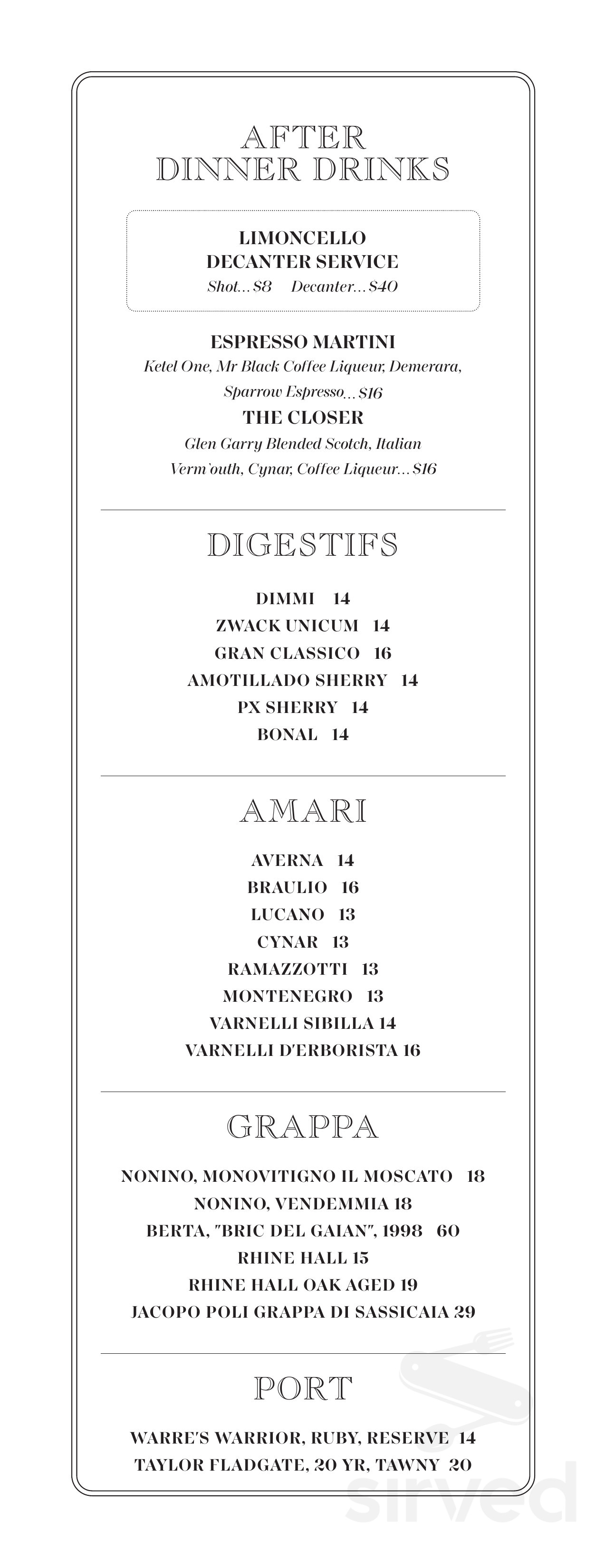 Adalina menu in Chicago, Illinois, USA