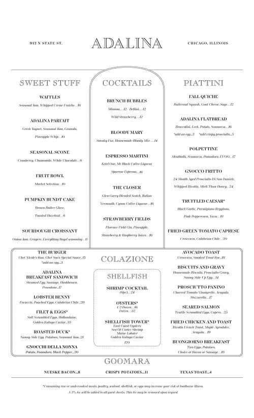 Adalina menu in Chicago, Illinois, USA