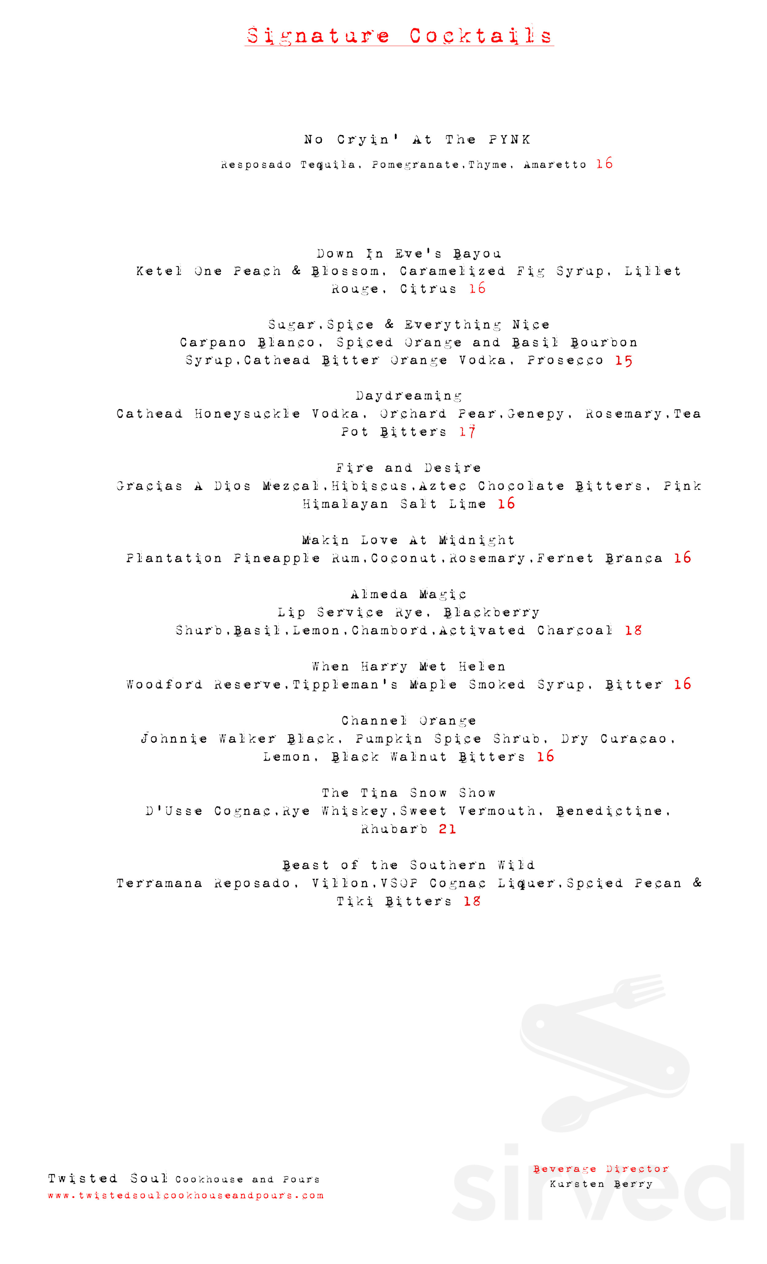 Twisted Soul Cookhouse & Pours menu in Atlanta, Georgia, USA