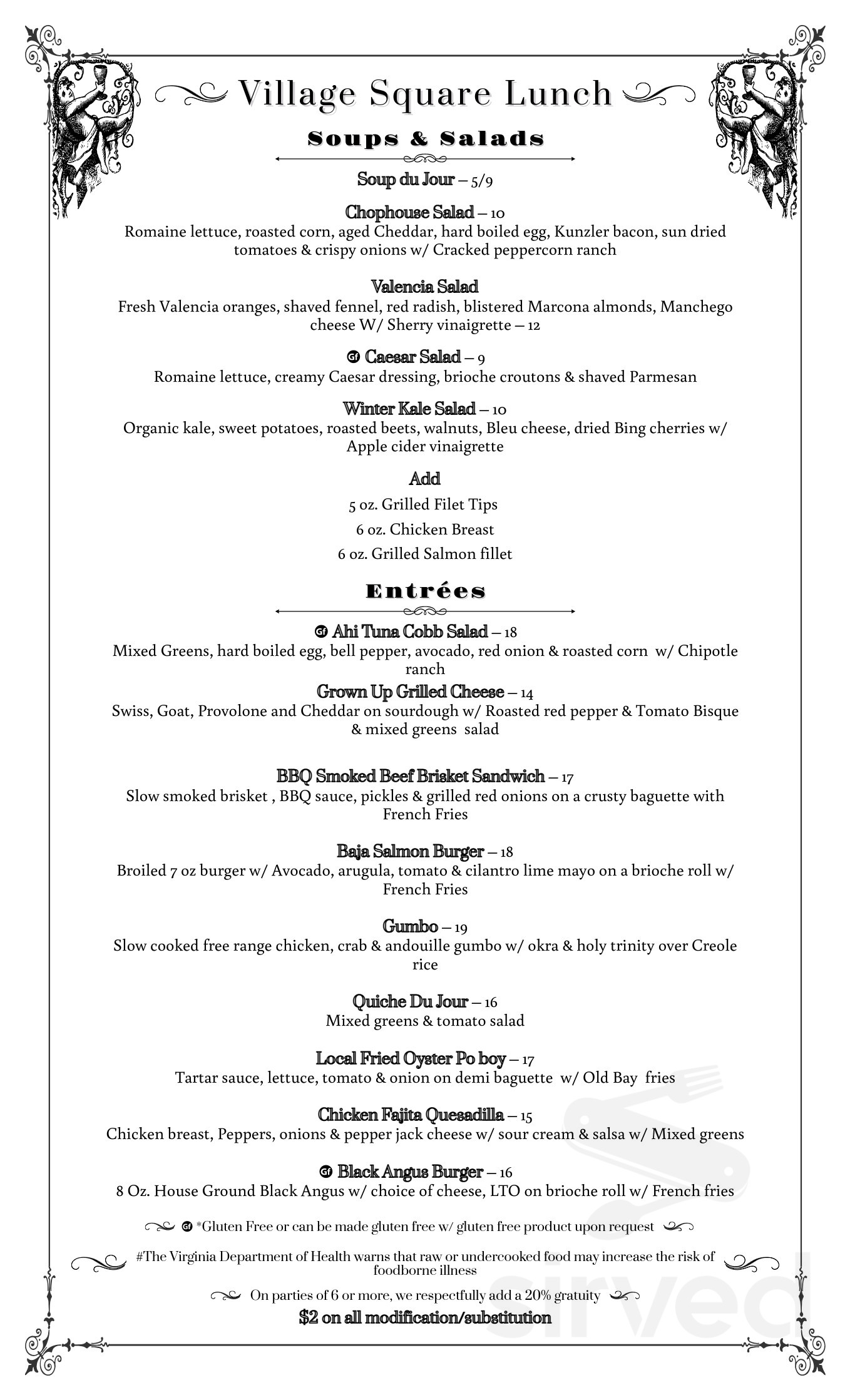 Village Square Restaurant menu in Winchester, Virginia, USA