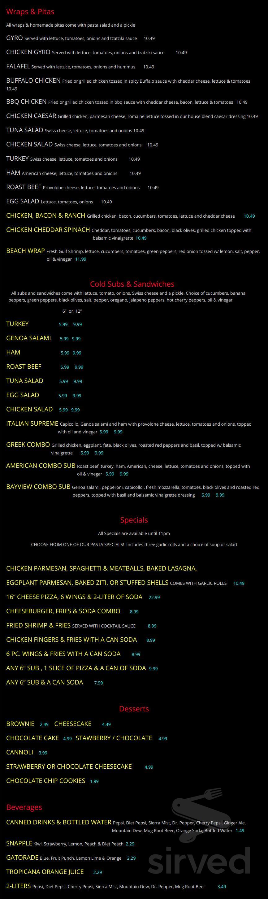 Bayview Pizza & Grill menu in Fort Lauderdale, Florida, USA