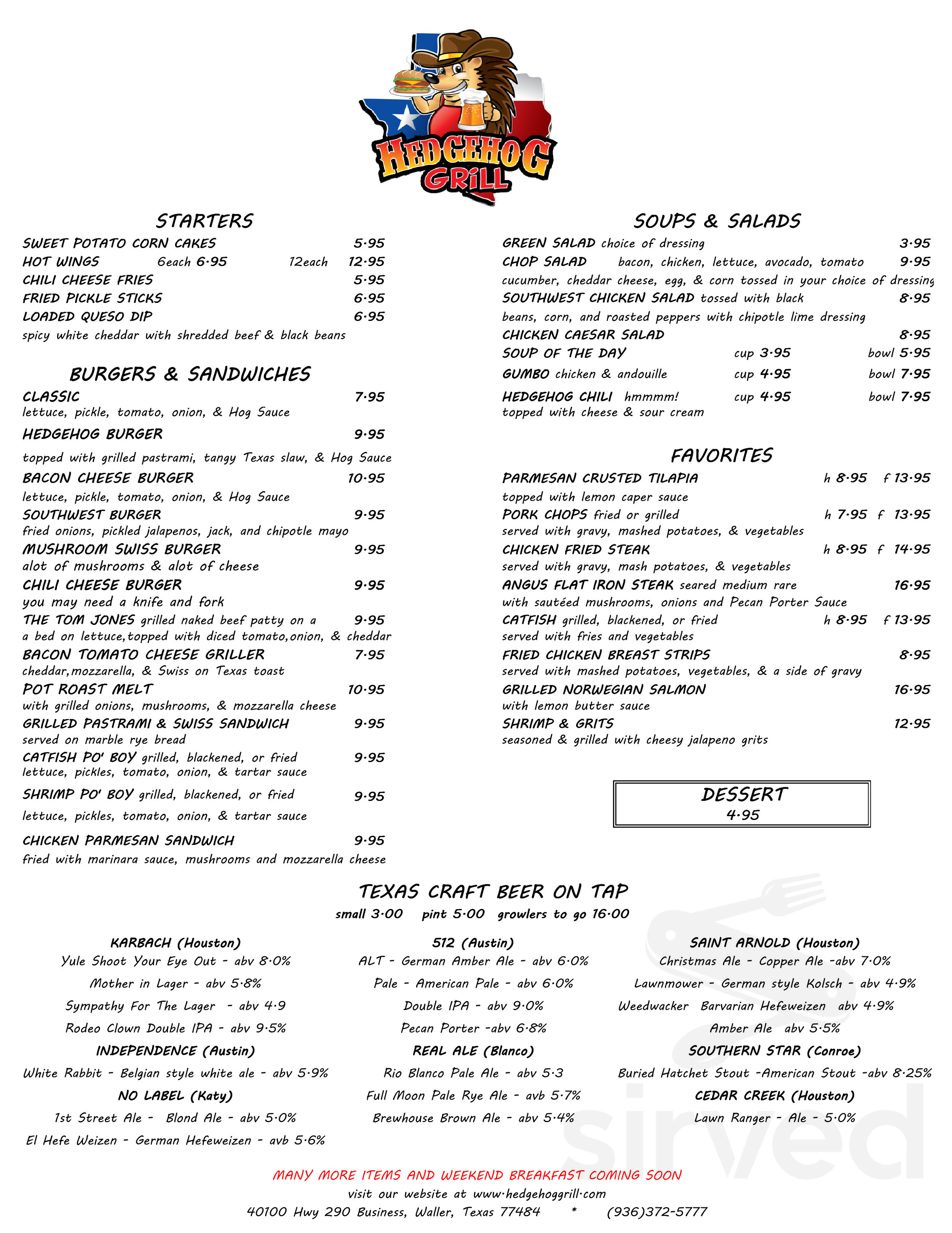 Hedgehog Grill menu in Waller, Texas, USA