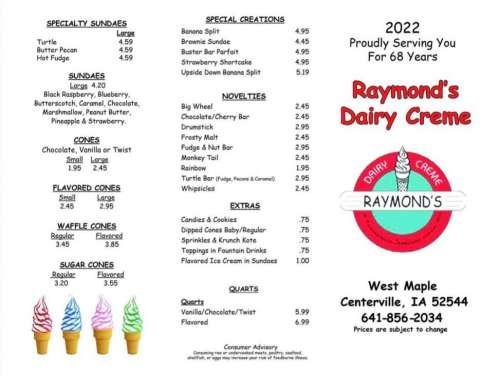 Raymonds Dairy Creme menu in Centerville, Iowa, USA