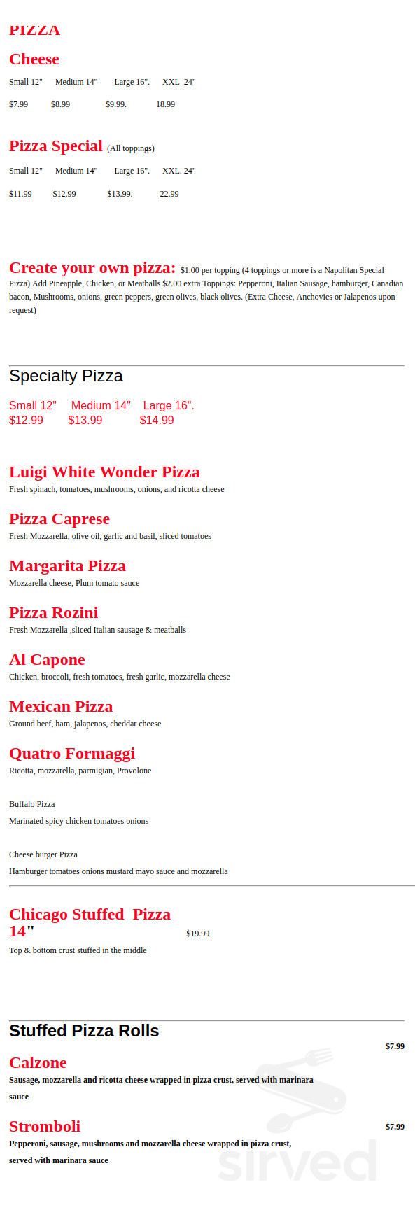 Luigi's Pizza menu in Wichita Falls, Texas, USA
