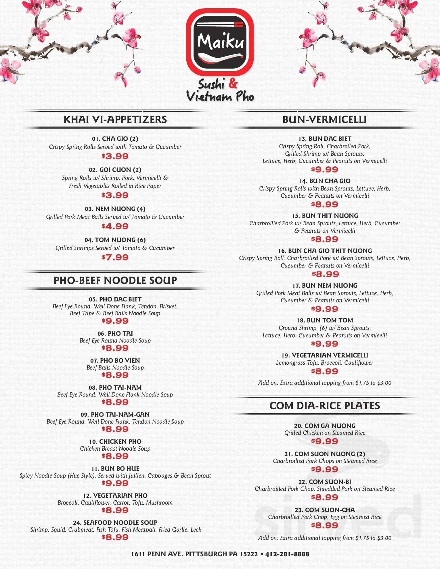 Maiku Vietnamese Pho menu in Pittsburgh, Pennsylvania, USA
