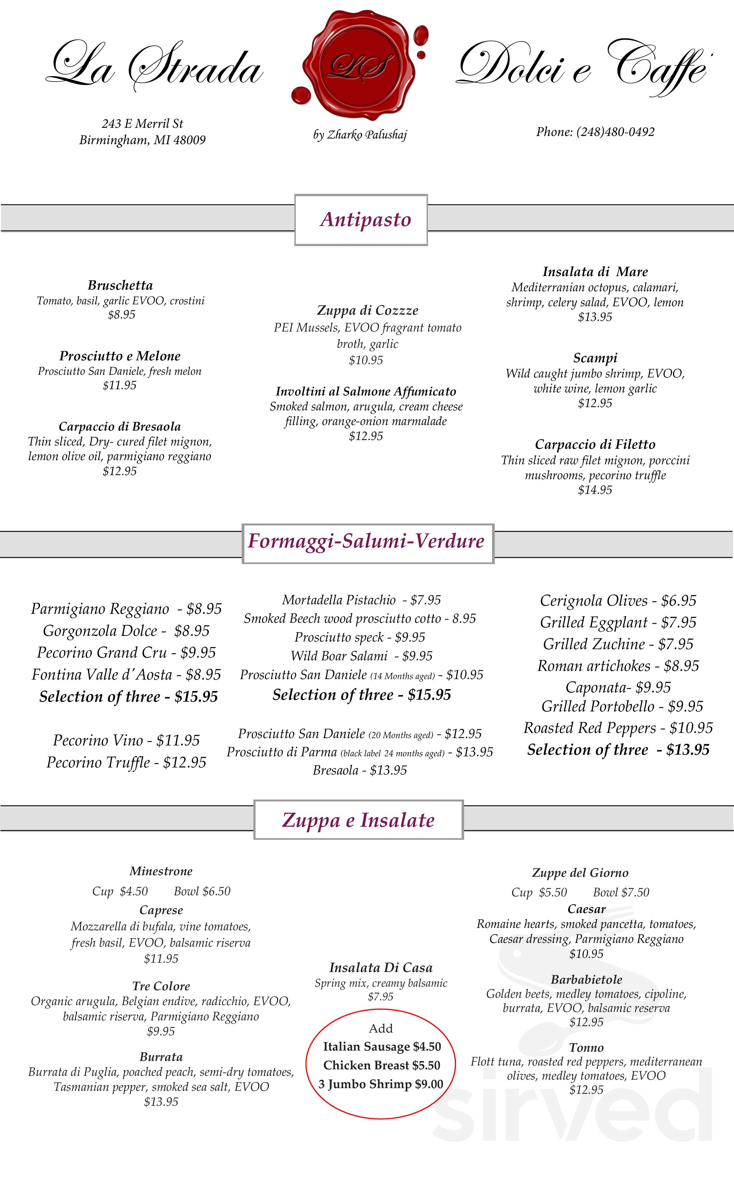 La Strada Italian Kitchen & Bar menu in Birmingham, Michigan, USA