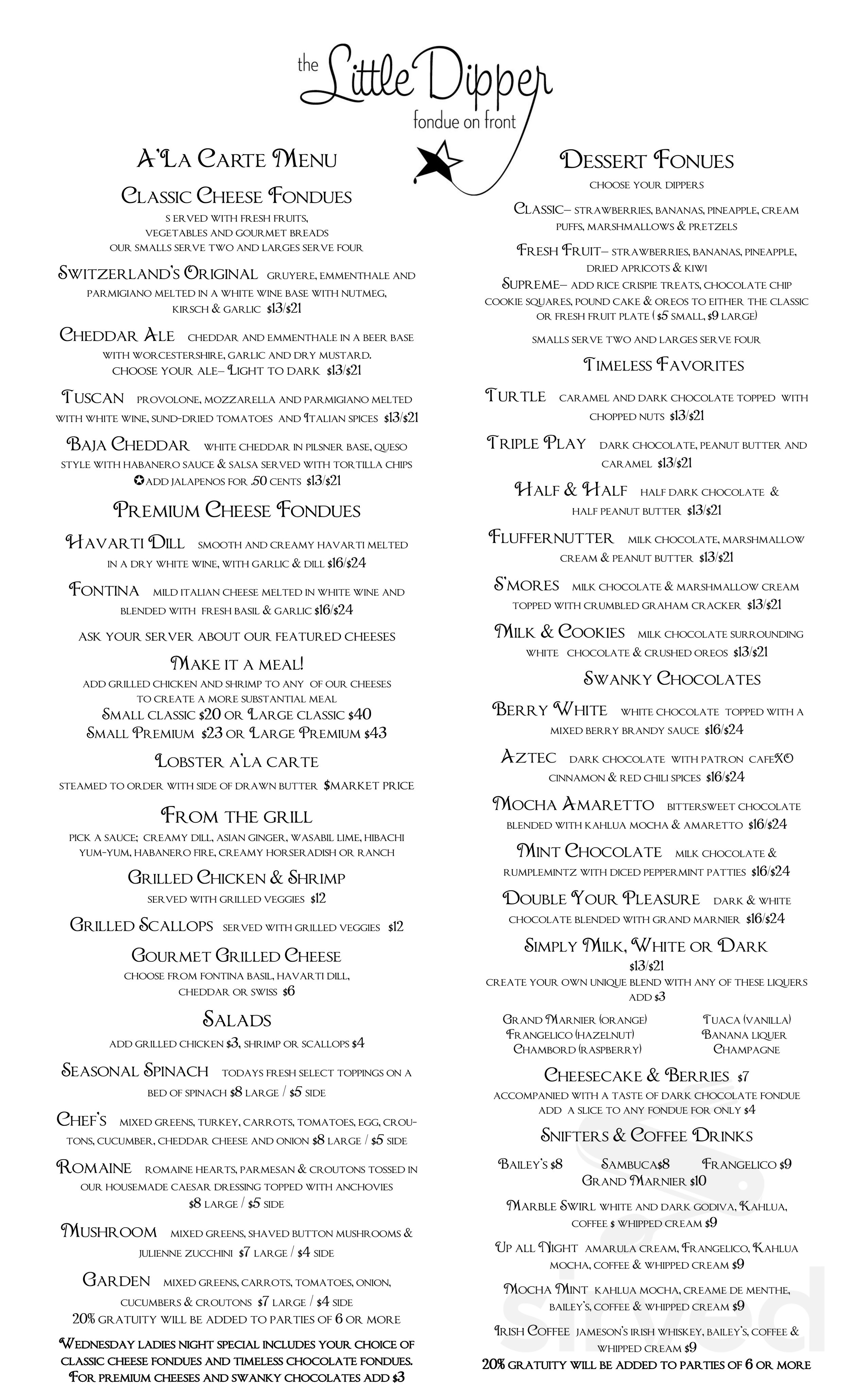 Menu - Wilmington NC's Little Dipper Fondue | Sirved