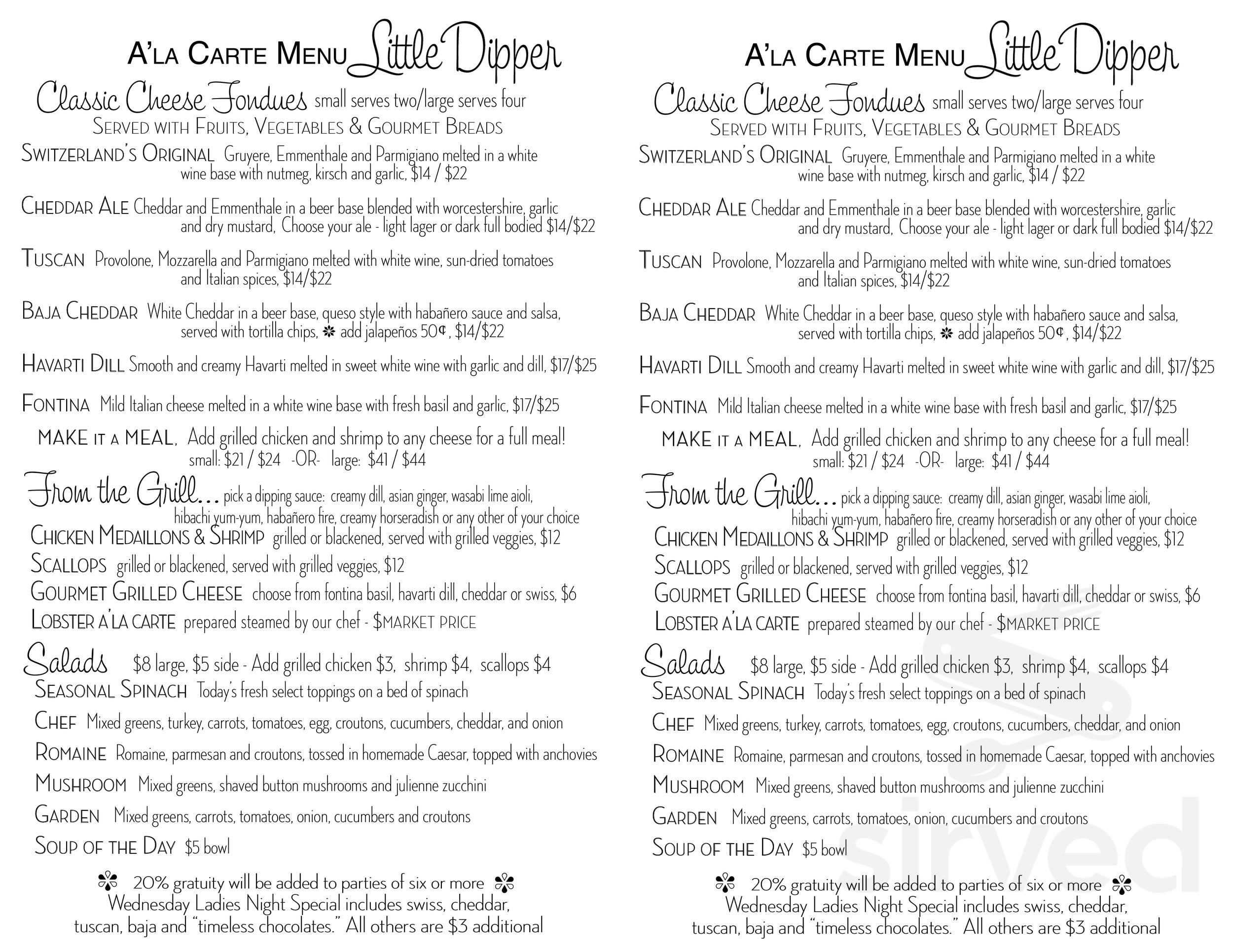 Little Dipper Fondue menu in Wilmington, North Carolina, USA