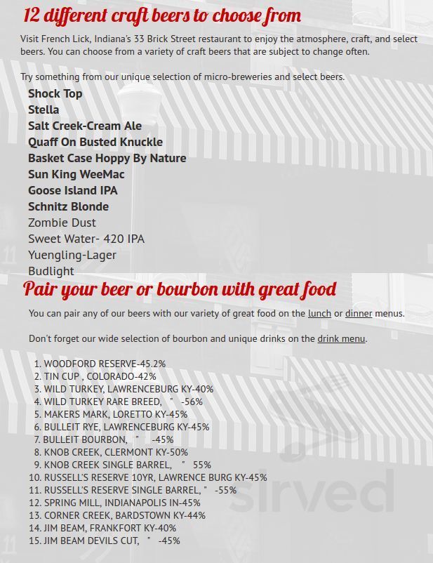 33 Brick Street menu in French Lick, Indiana, USA