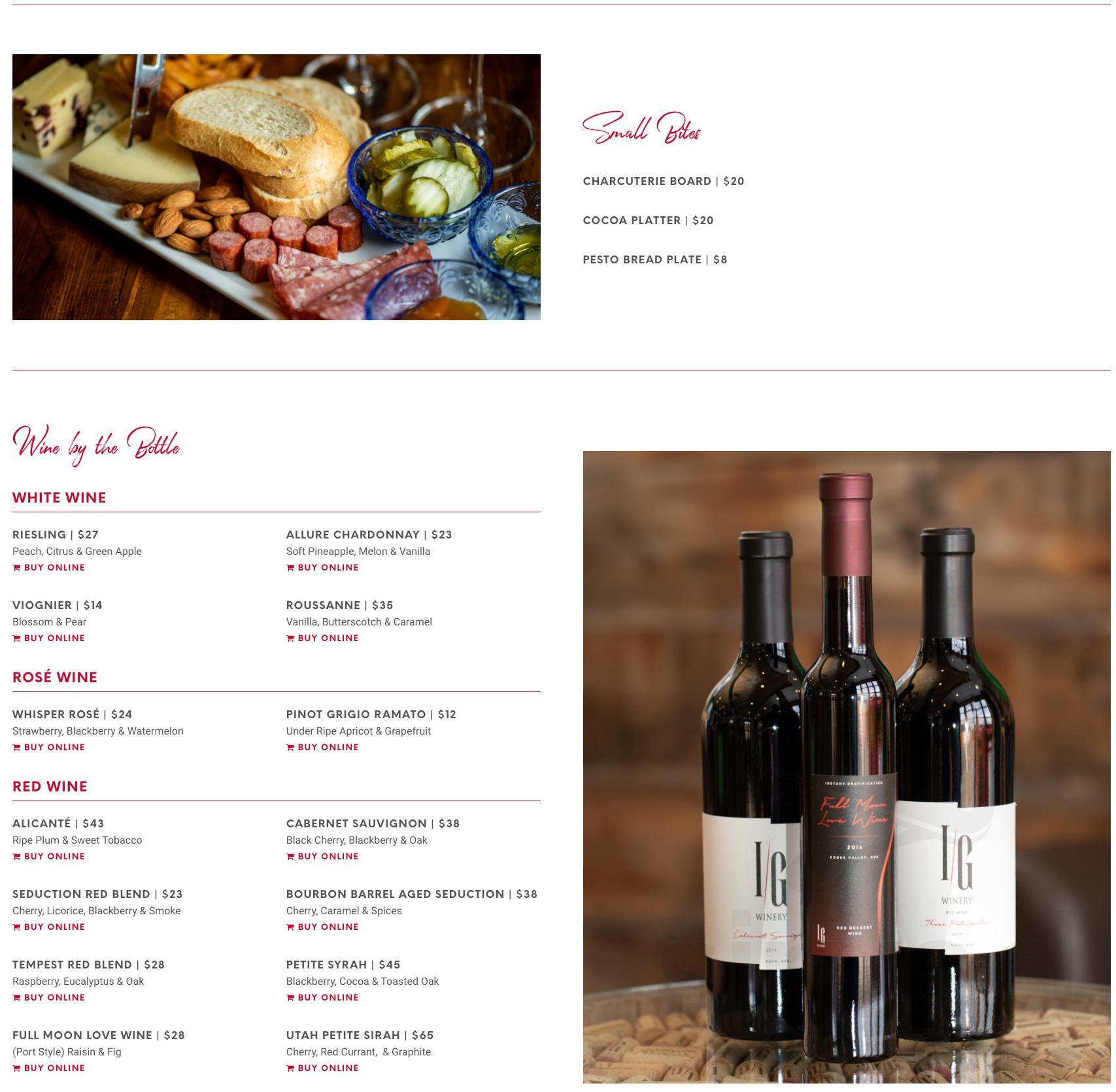 IG Winery & Tasting Room menu in Cedar City, Utah, USA