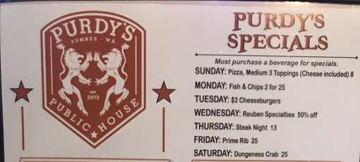 Menu for Purdy's Public House & Arcade in Sumner, WA | Sirved