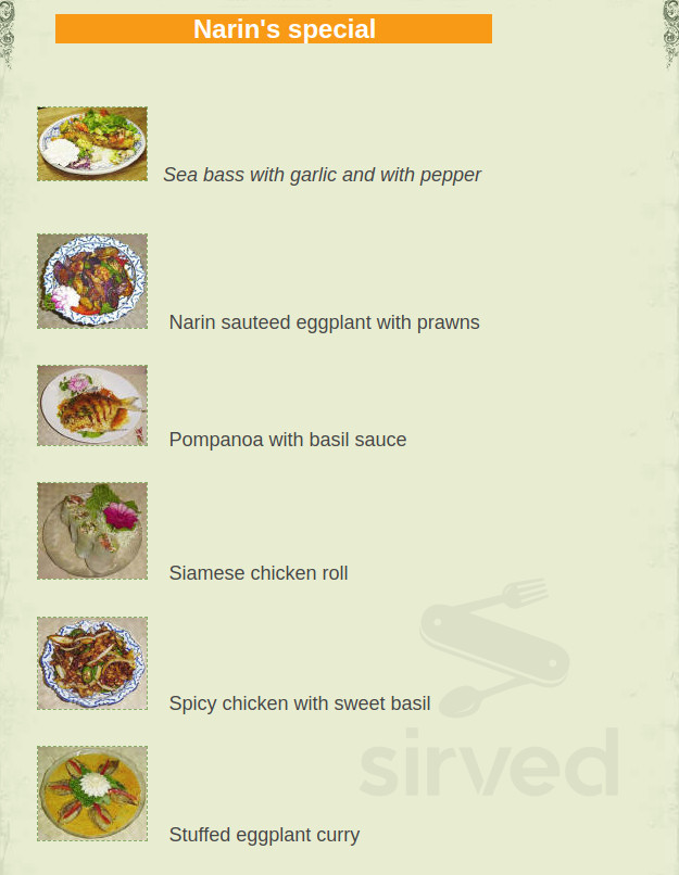 Menu - Burlingame CA's Narin Thai Cuisine | Sirved