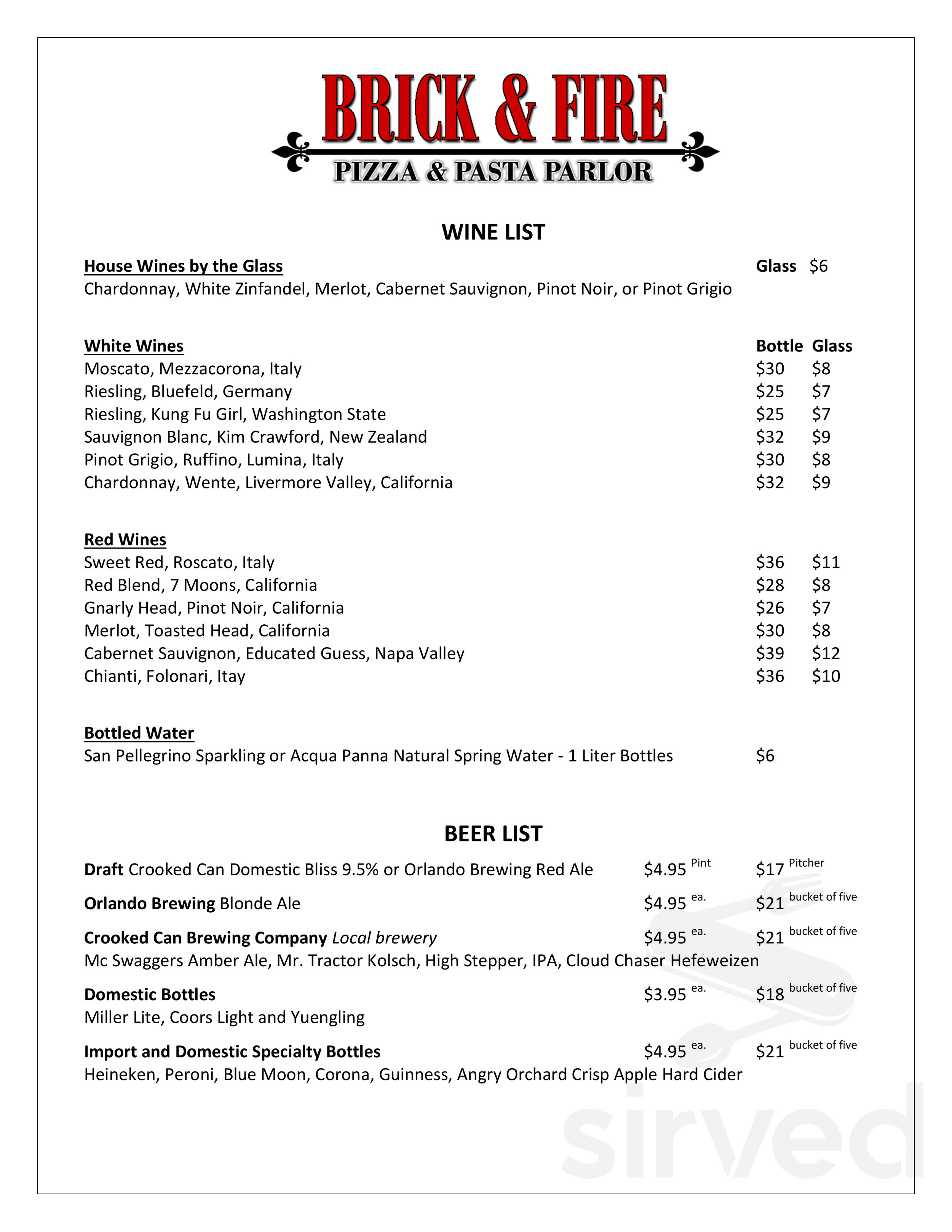 Brick & Fire Pizza menu in Orlando, Florida, USA