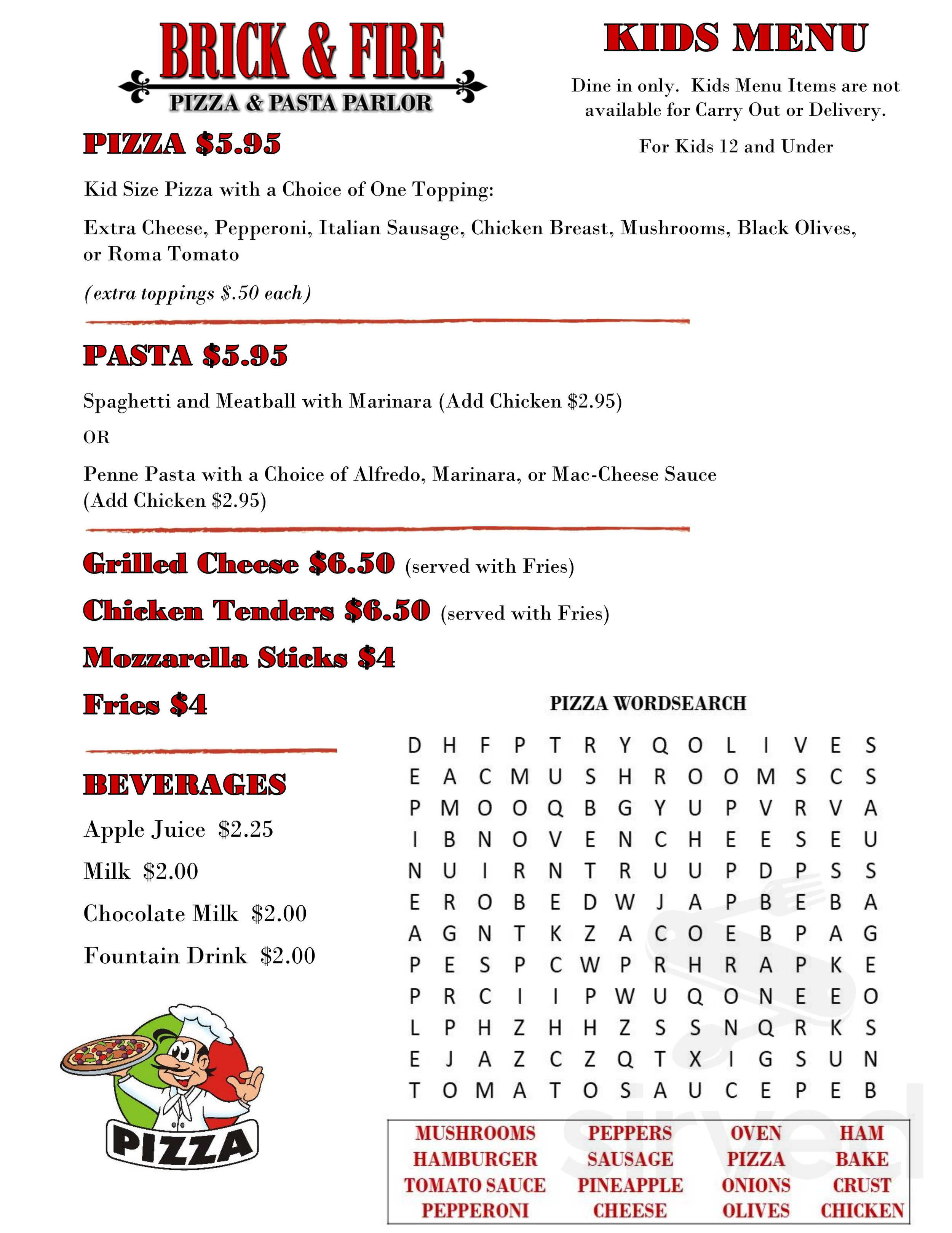Brick & Fire Pizza menu in Orlando, Florida, USA