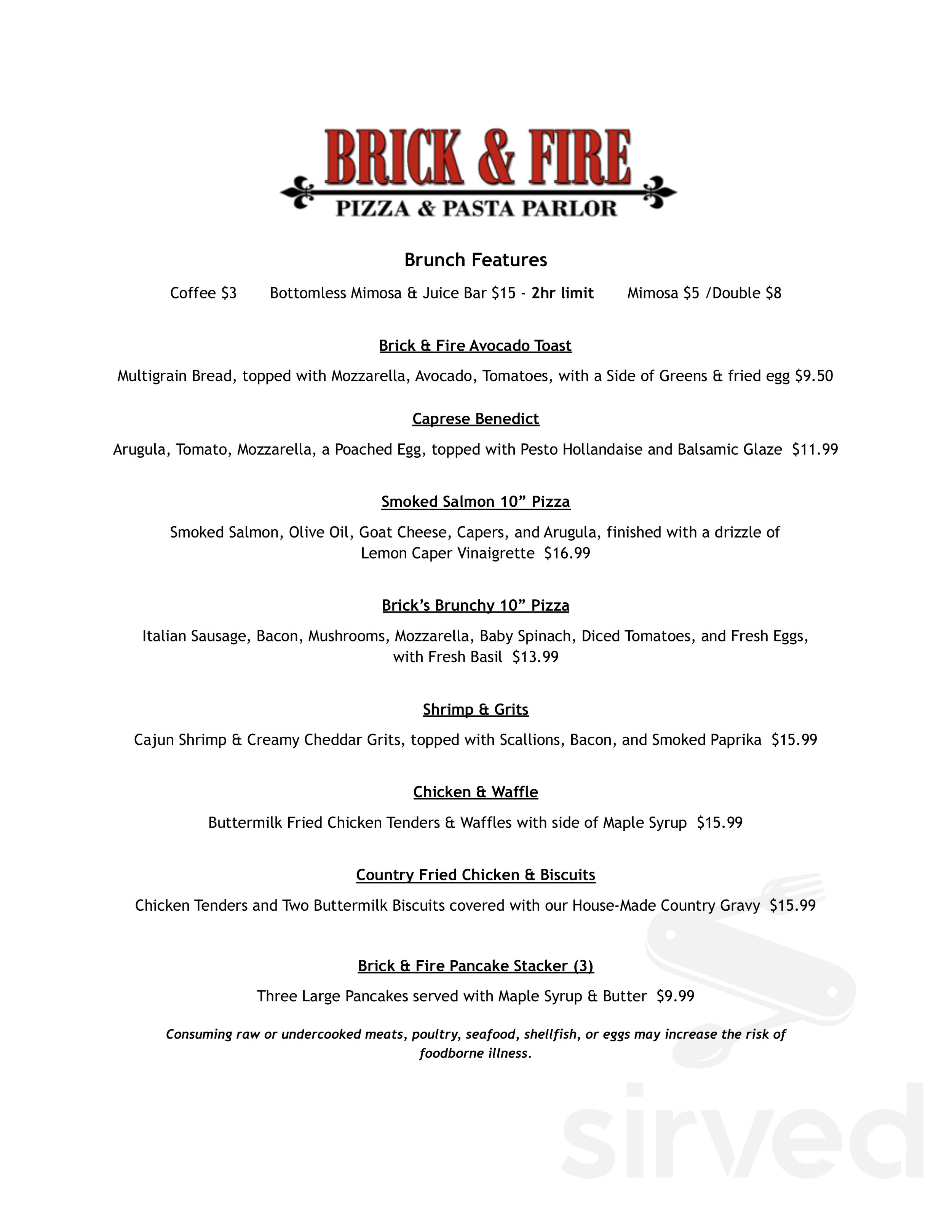Brick & Fire Pizza menu in Orlando, Florida, USA