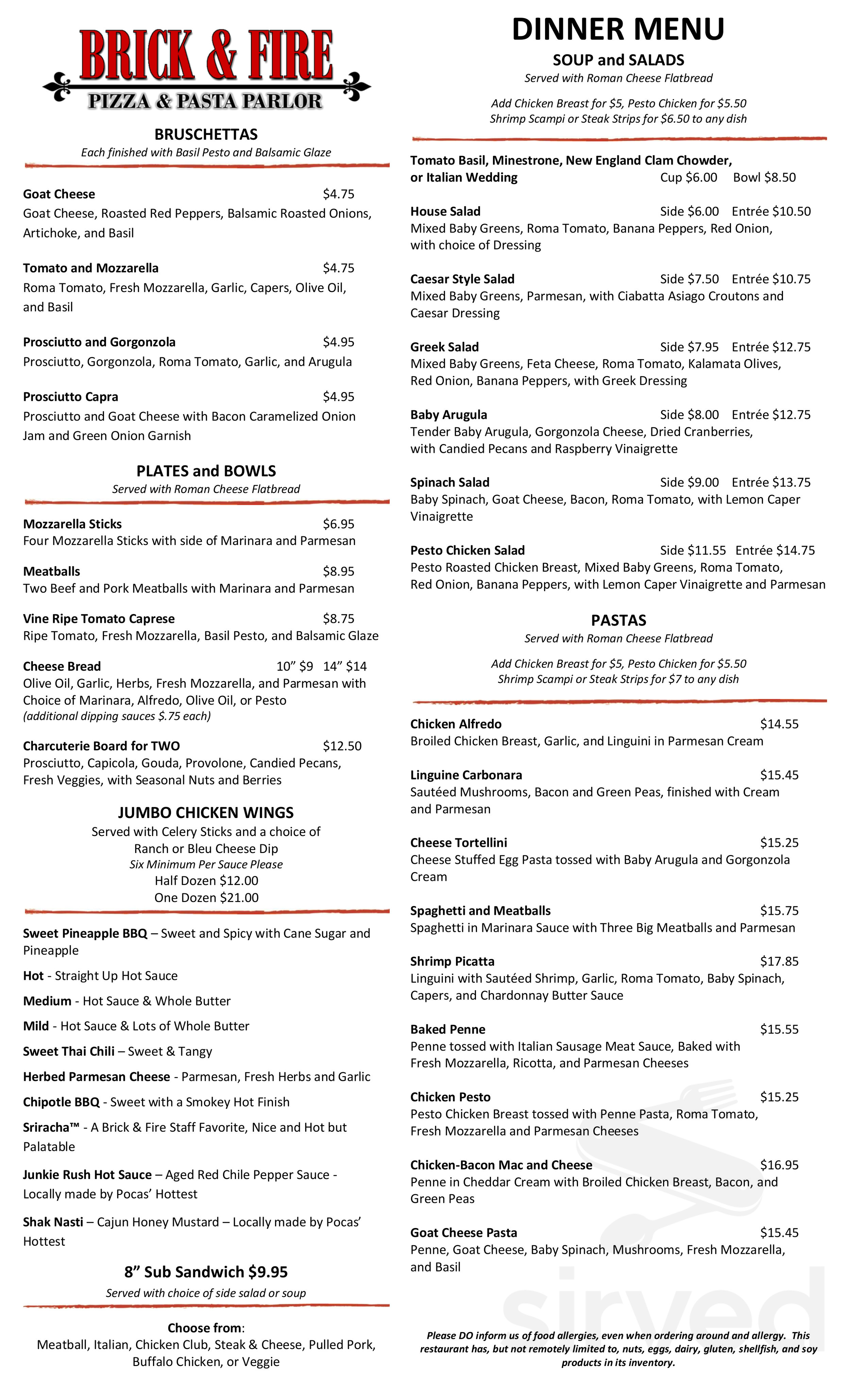 Brick & Fire Pizza menu in Orlando, Florida, USA