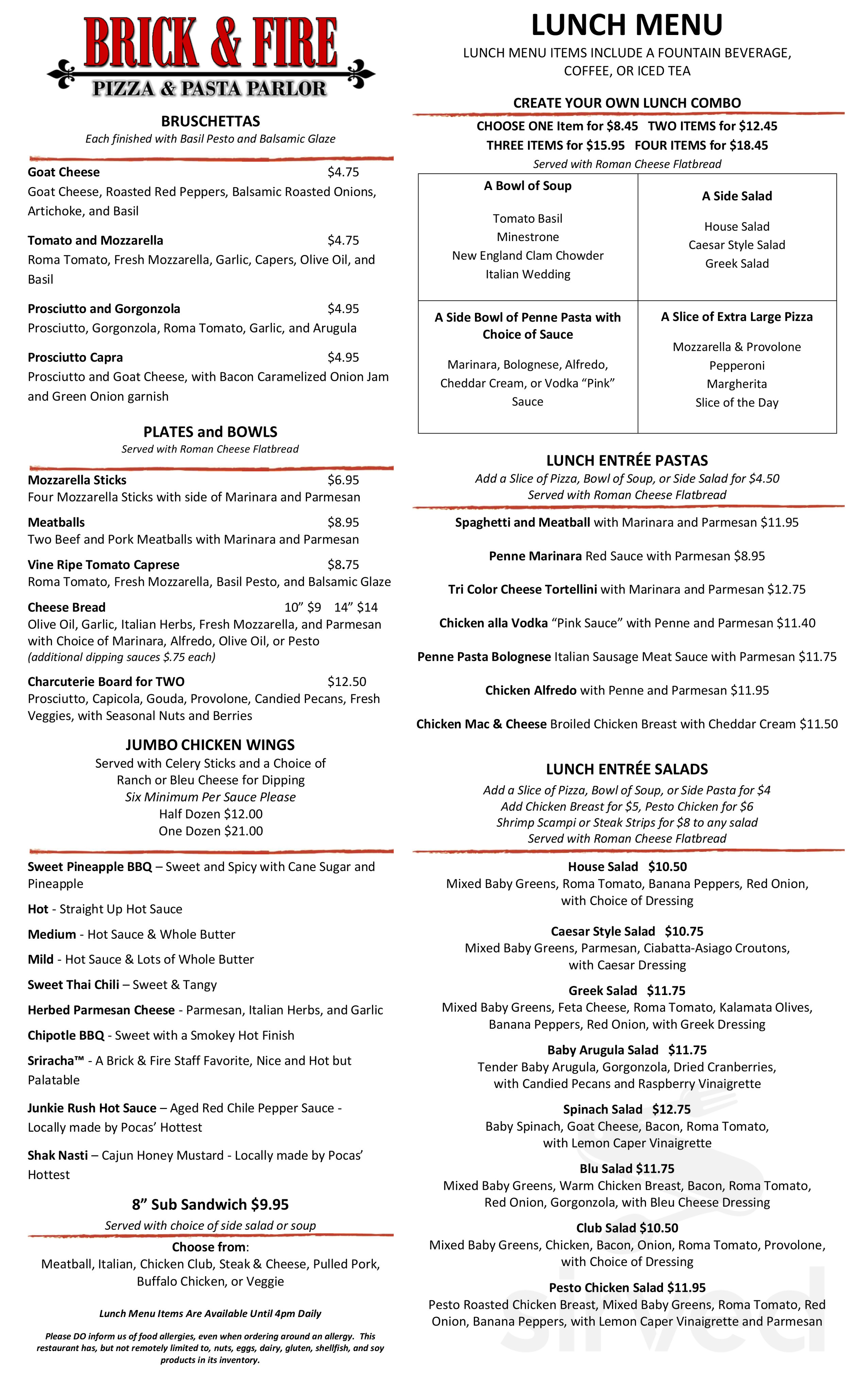 Brick & Fire Pizza menu in Orlando, Florida, USA
