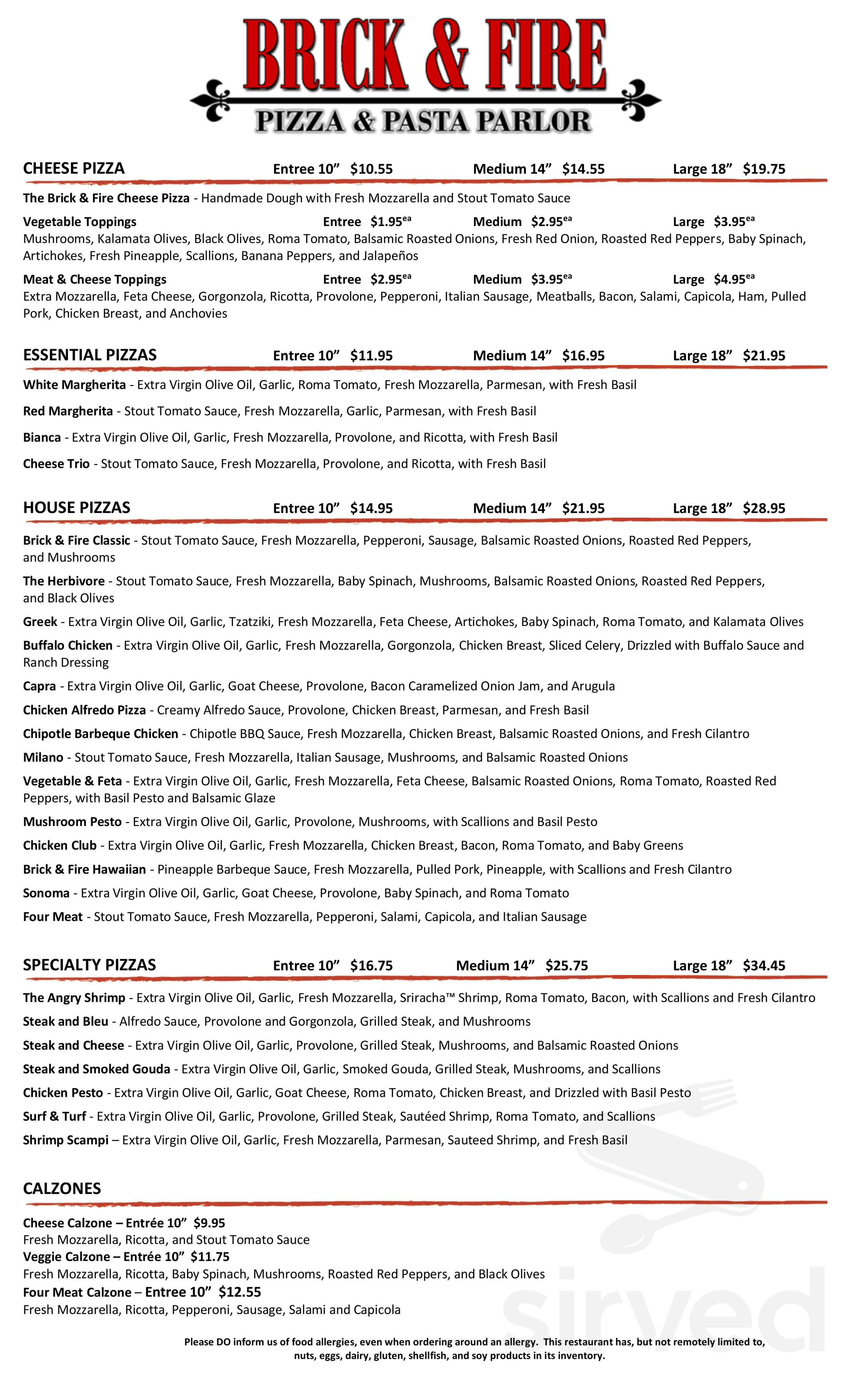 Brick & Fire Pizza menu in Orlando, Florida, USA