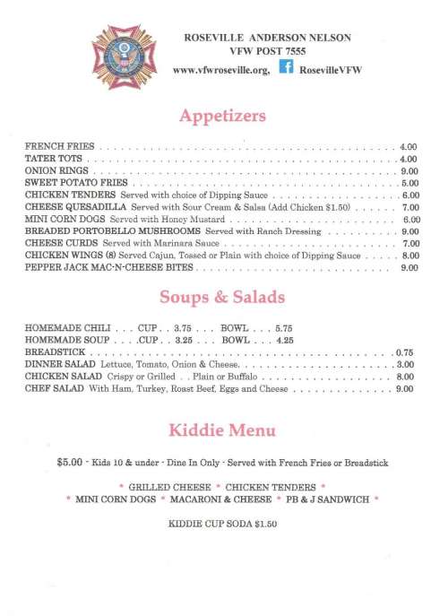VFW menu in Roseville, Minnesota, USA