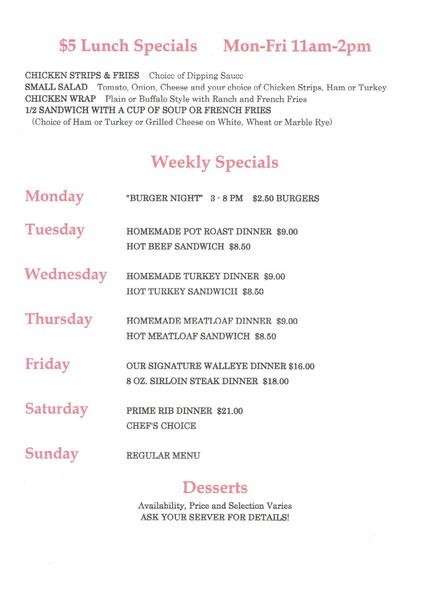 VFW menu in Roseville, Minnesota, USA