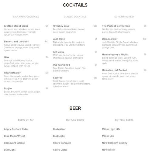 PAve menu in Sioux Falls, South Dakota, USA