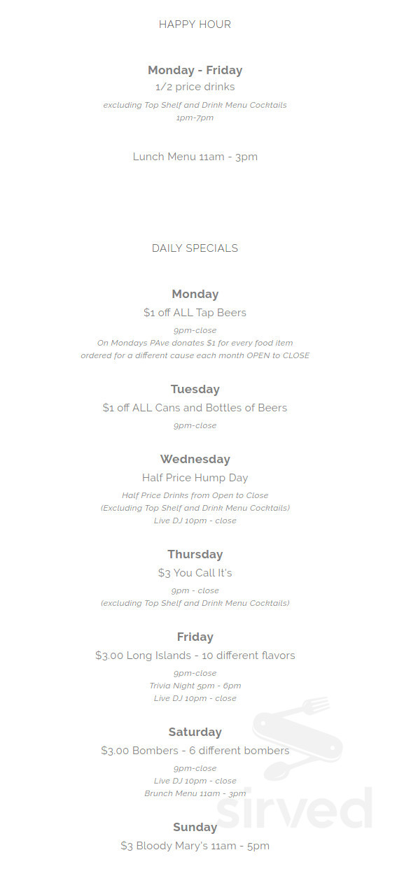 PAve menu in Sioux Falls, South Dakota, USA