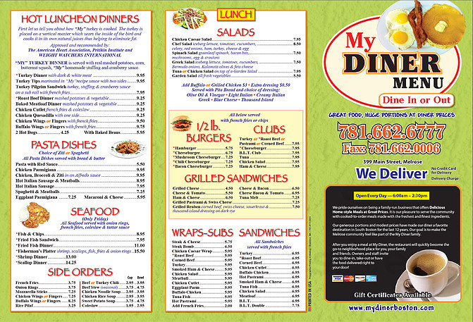 My Diner menu in South Boston, Massachusetts, USA