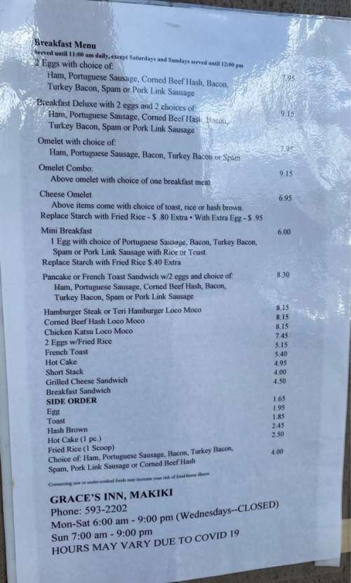 Grace's Inn menu in Honolulu, Hawaii, USA