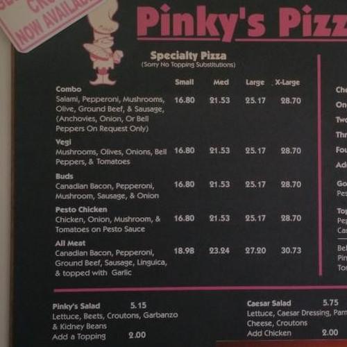 Pinky's Pizza Parlor menu in Petaluma, California, USA