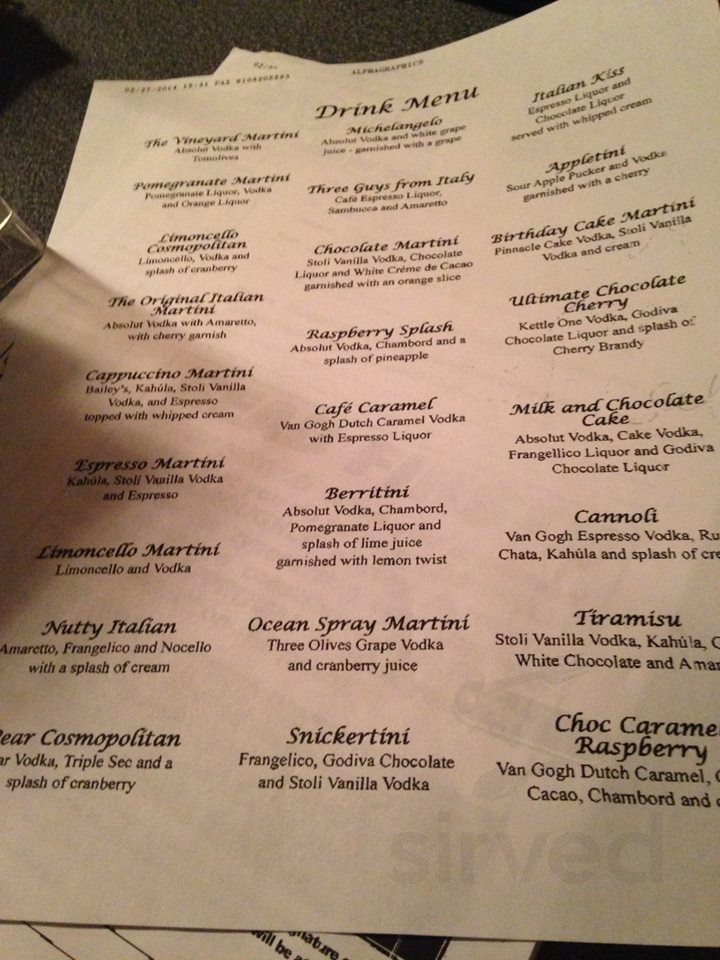 The Vineyard menu in Bethlehem, Pennsylvania, USA