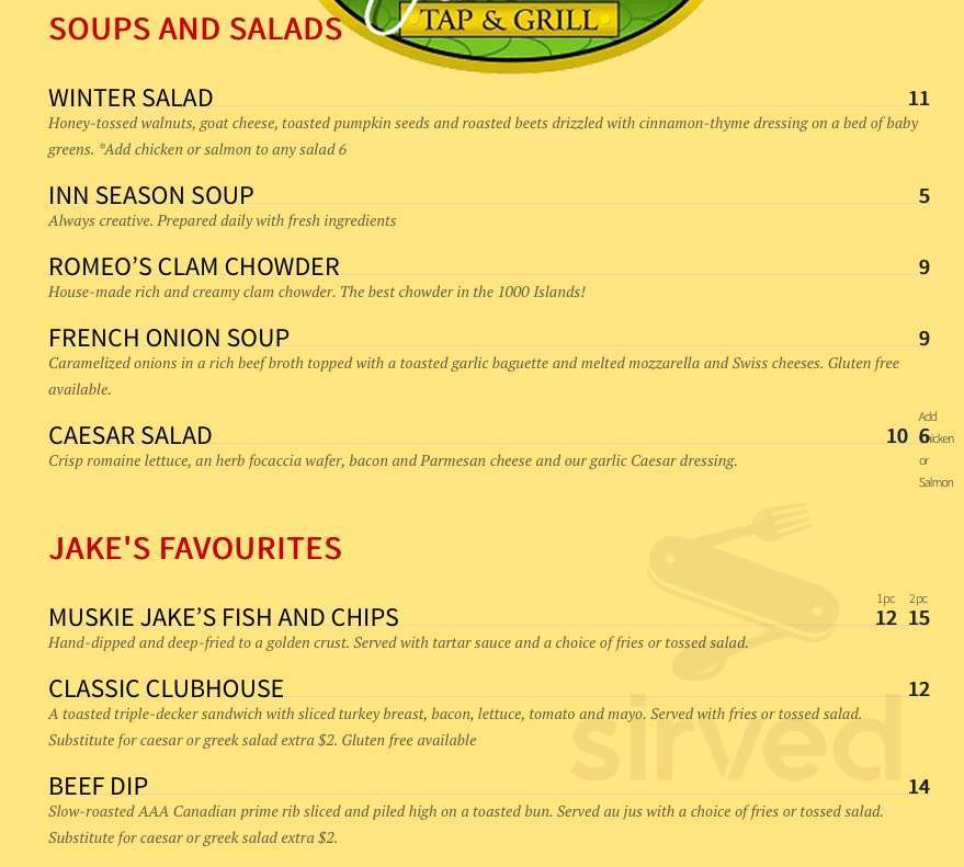 Muskie Jake's Tap & Grill menus in Gananoque, Ontario, Canada