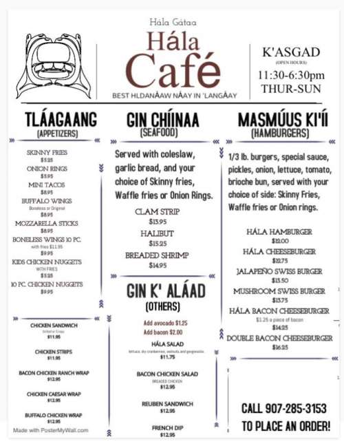 Hála Cafe menu in Hydaburg, Alaska, USA