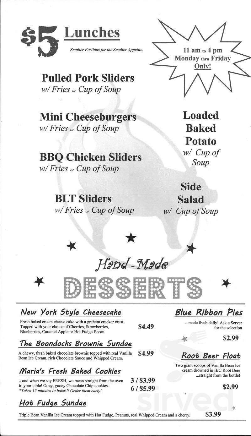 Menu for The Boondocks BBQ & Grill in McConnelsville, OH | Sirved
