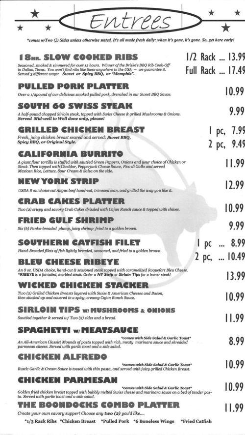 The Boondocks BBQ & Grill menu in McConnelsville, Ohio, USA