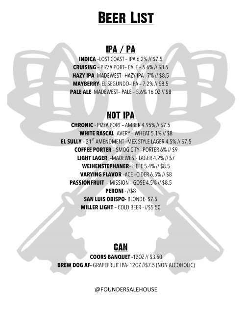 Founders Ale House menu in Los Angeles, California, USA