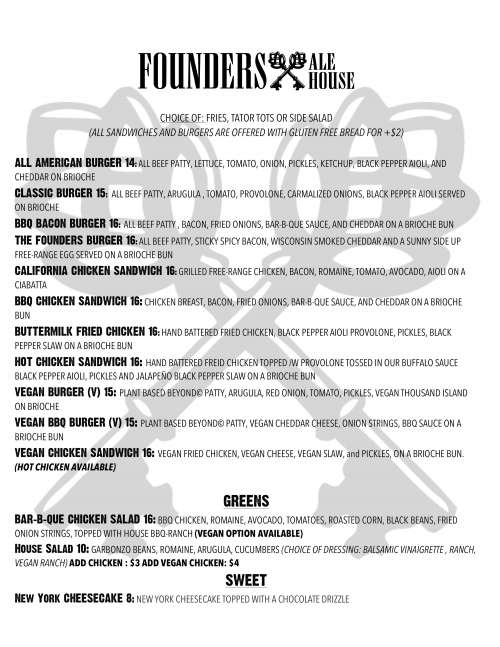 Founders Ale House menu in Los Angeles, California, USA