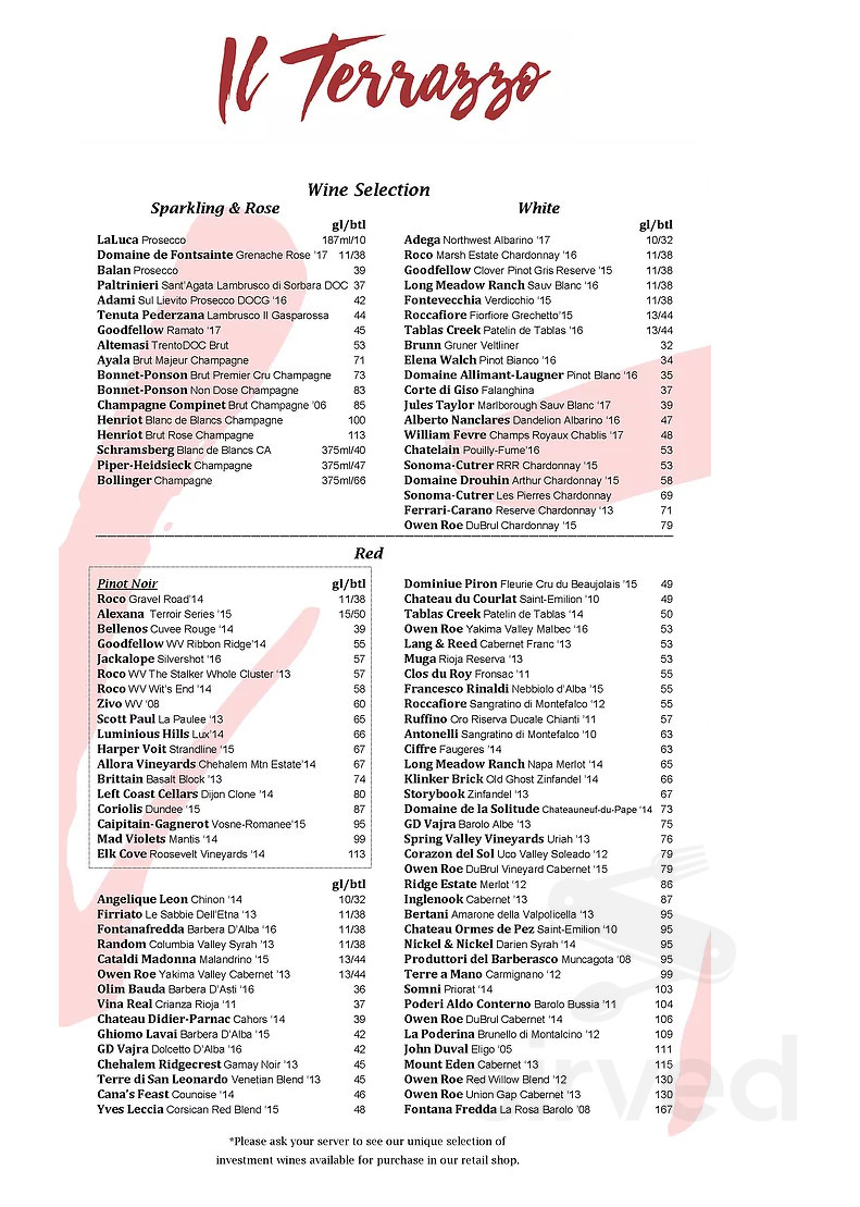 Il Terrazzo menu in Portland, Oregon, USA