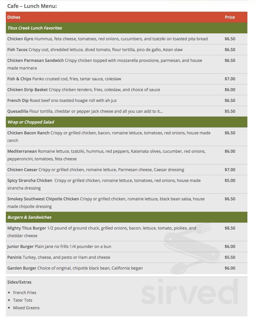 Titus Creek Cafe menu in Walla Walla, Washington, USA