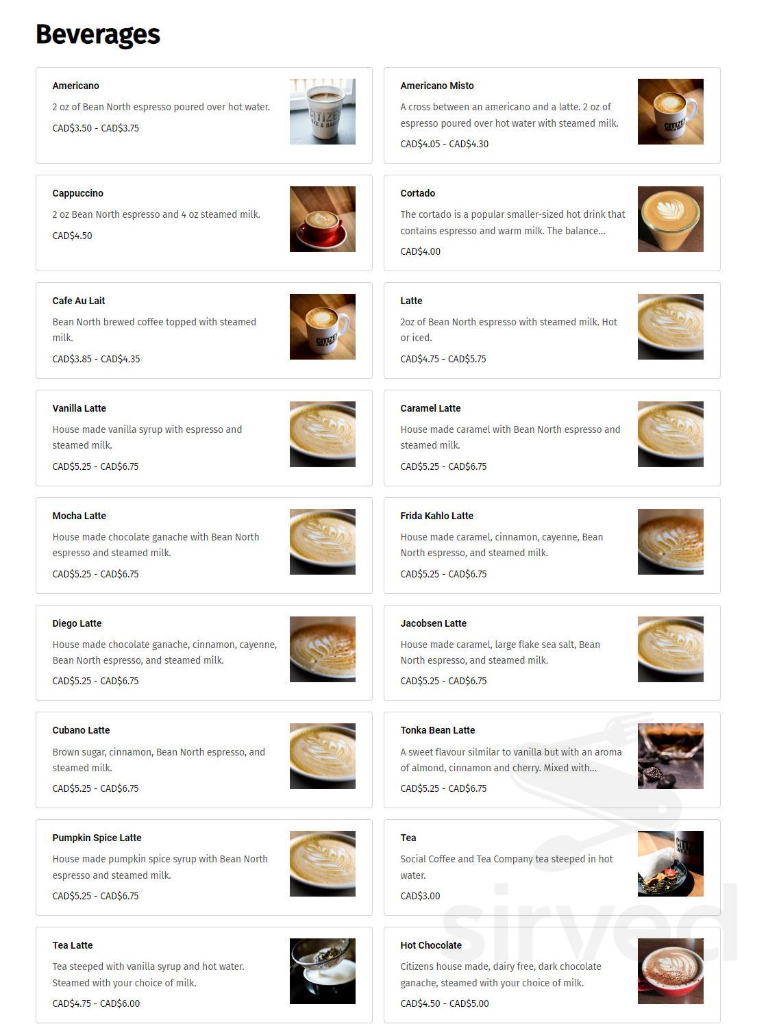 Citizen Cafe and Bakery menu in Saskatoon, Saskatchewan, Canada