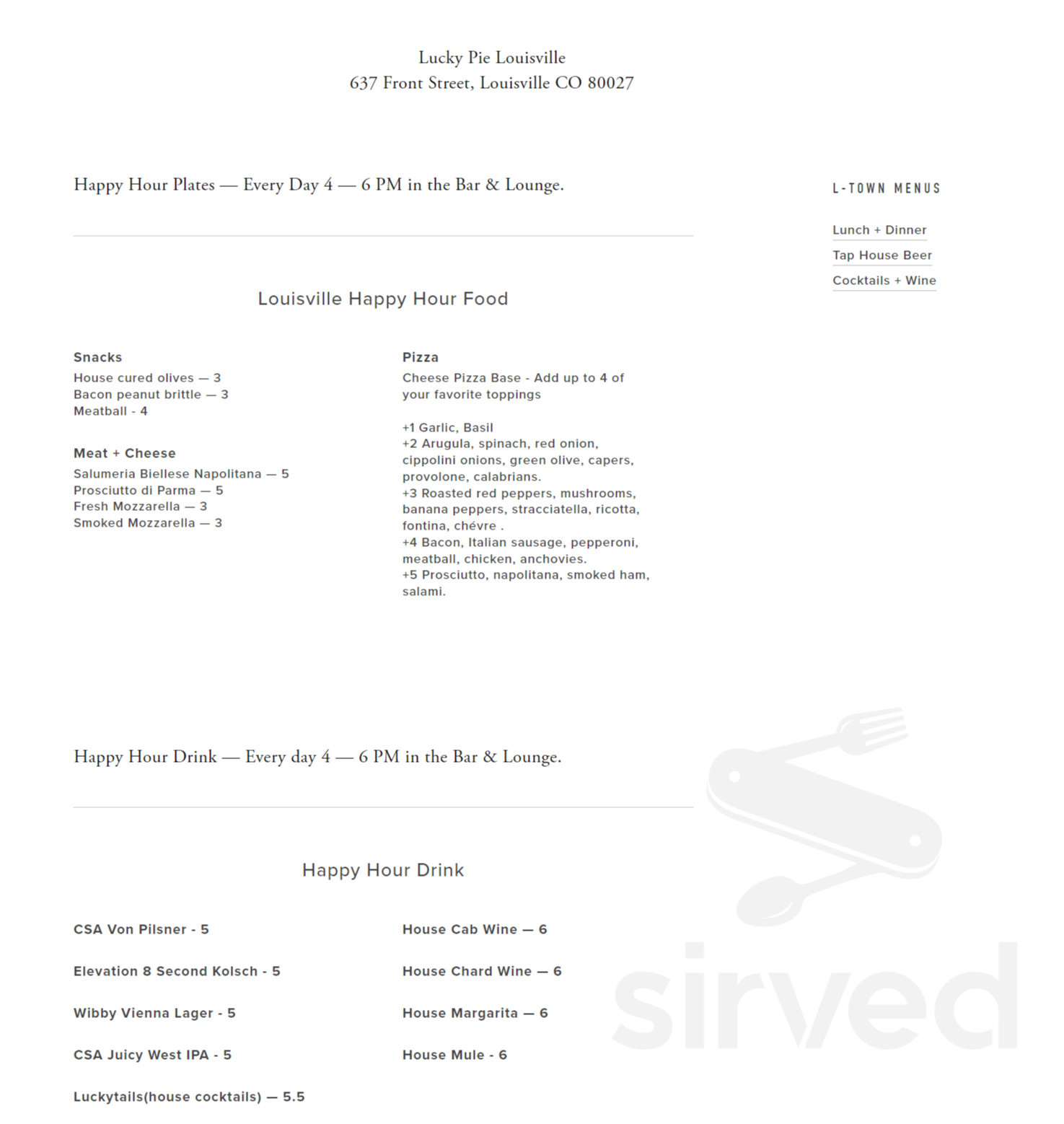 Menu - Louisville CO's Lucky Pie Pizza & Taphouse | Sirved
