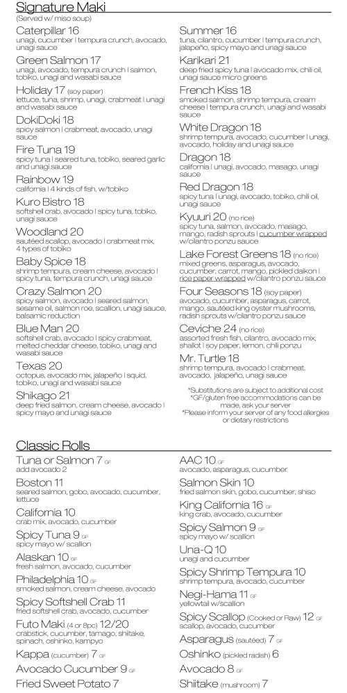 Kuro Bistro menu in Lake Forest, Illinois, USA