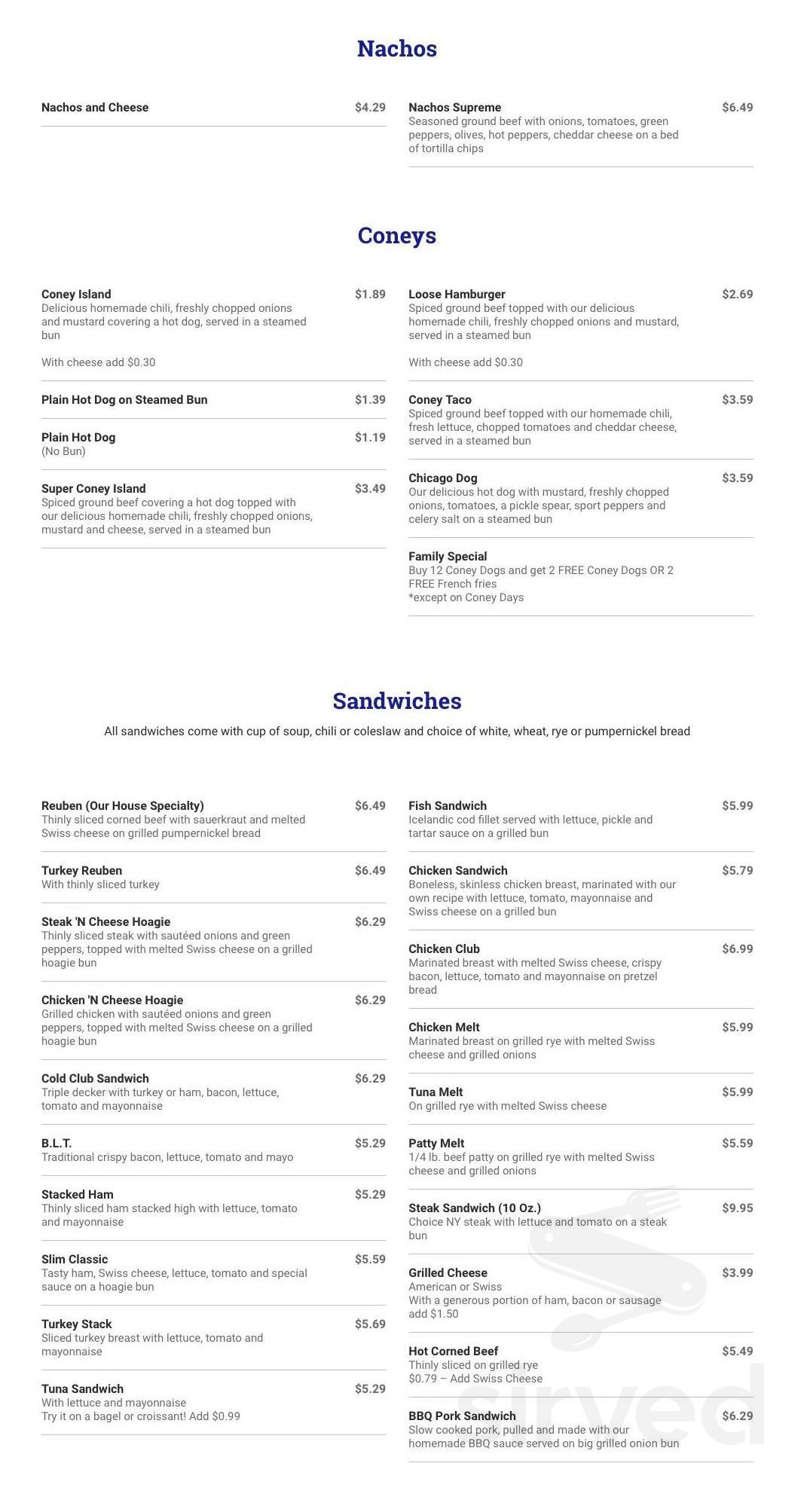 Ted's Coney Island menu in Port Huron, Michigan, USA