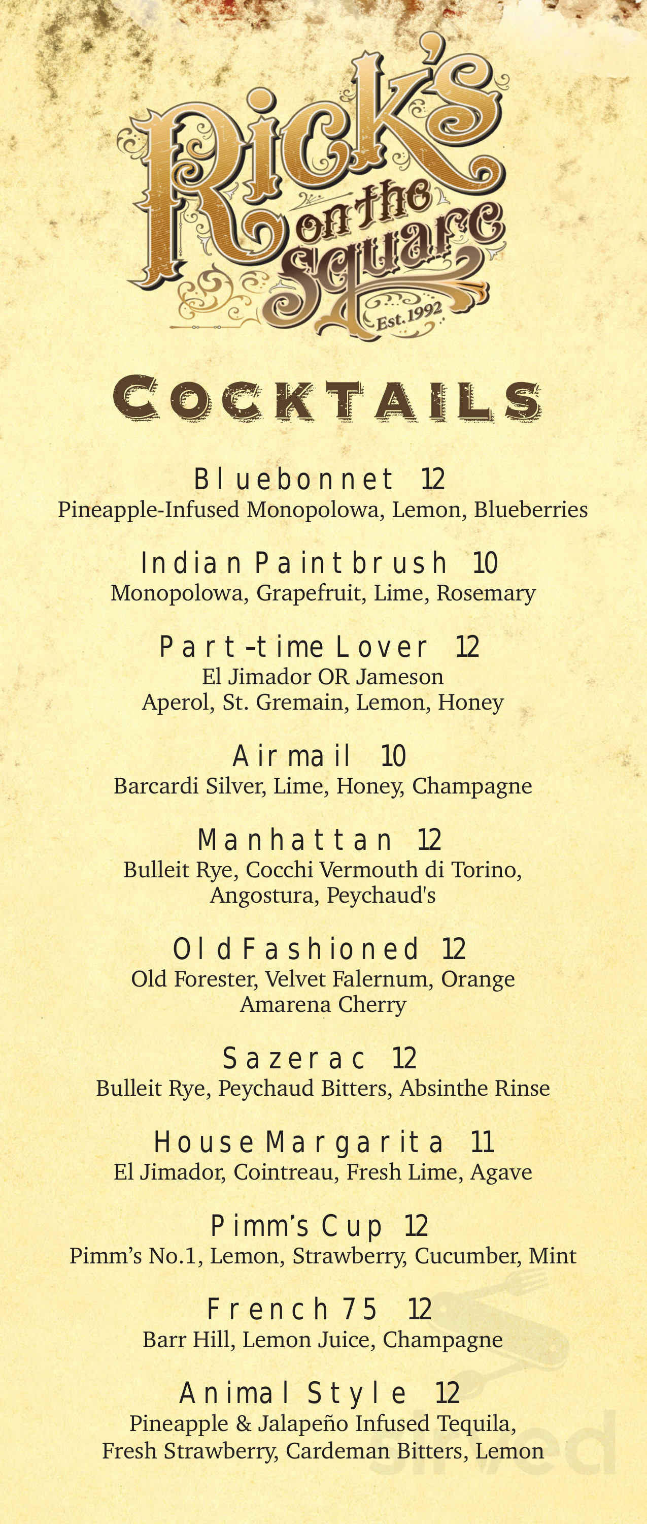 Menu - Tyler TX's Rick's On the Square | Sirved