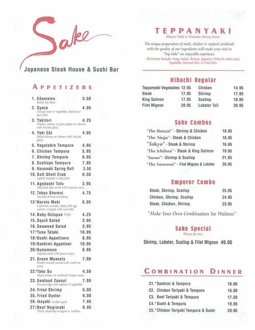 Sake Japanese Steak House & Sushi Bar menu in Dayton, Ohio, USA
