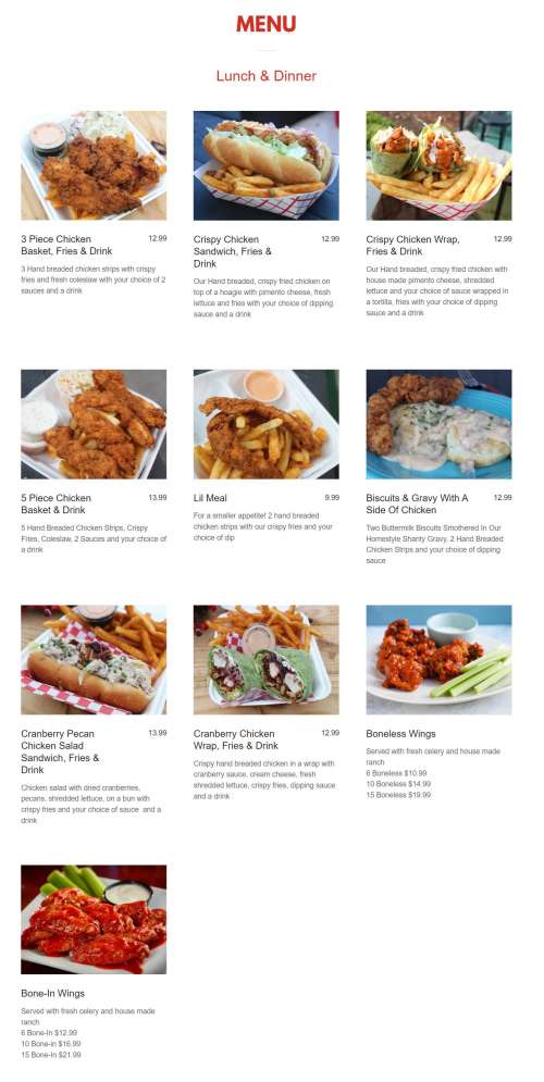 The Chicken Shanty menu in Eagle Point, Oregon, USA