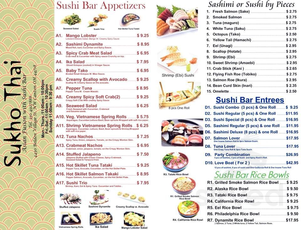 Sukho Thai menu in Canton, Ohio, USA