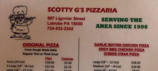 Menu for Scotty G's Pizzeria in Latrobe, PA | Sirved